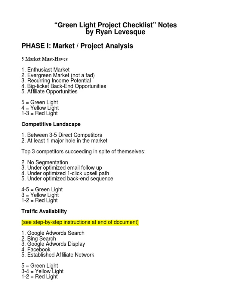 "Green Light Project Checklist" Notes by Ryan Levesque | PDF | Search ...