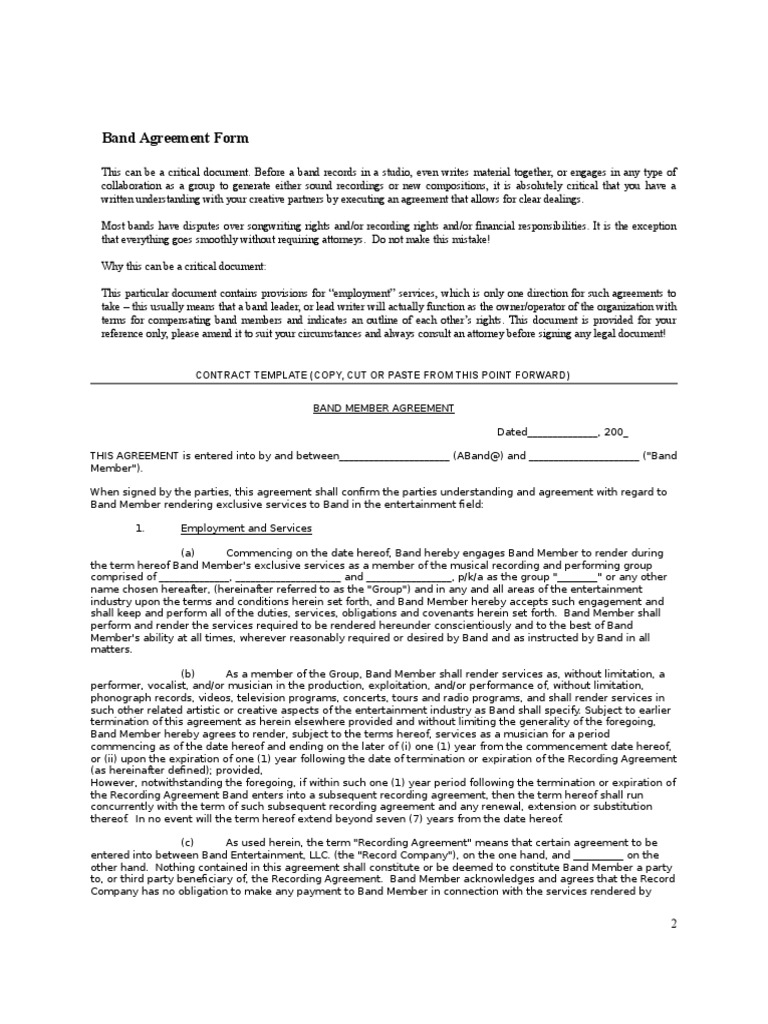 Band Agreement Form: Contract Template (Copy, Cut or Paste From This ...