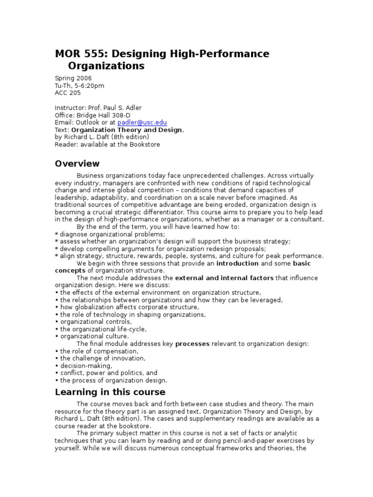 MOR 555: Designing High-Performance Organizations: Padler@usc - Edu ...