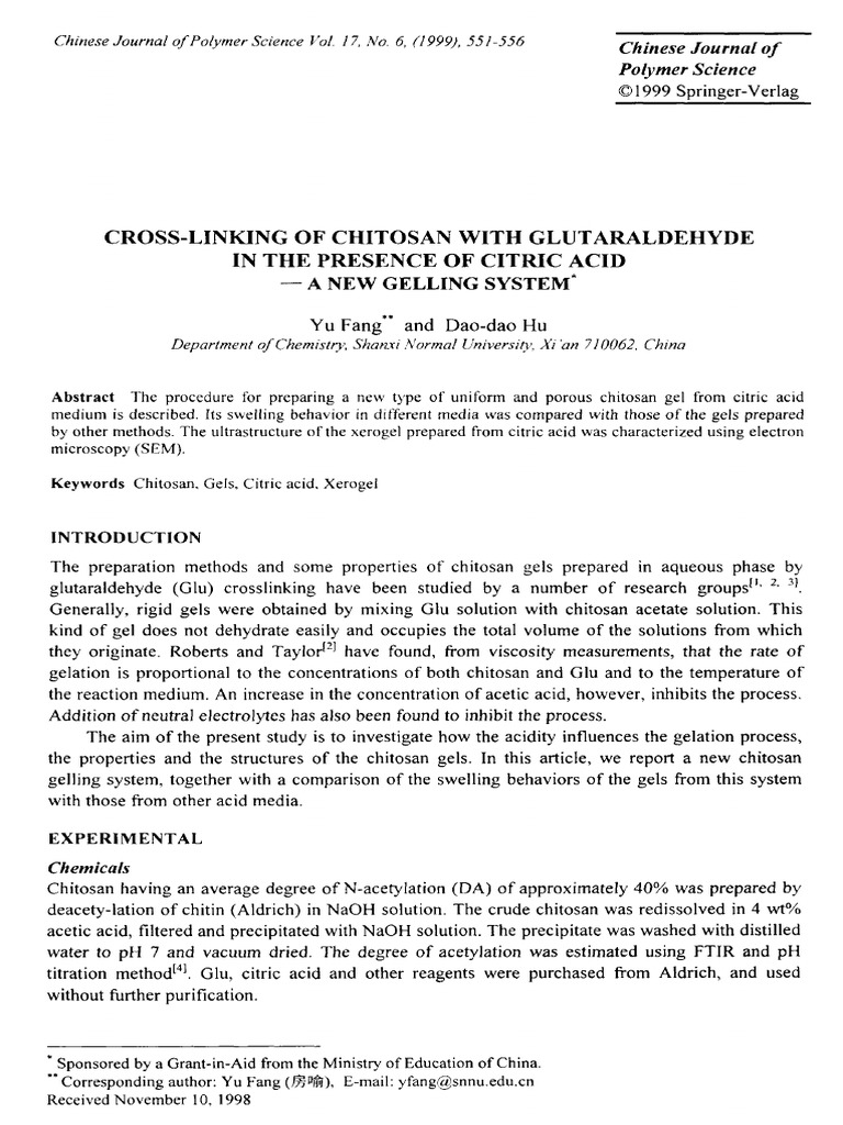 Cross-Linking of Chitosan With Glutaraldehyde in The Presence of Citric ...