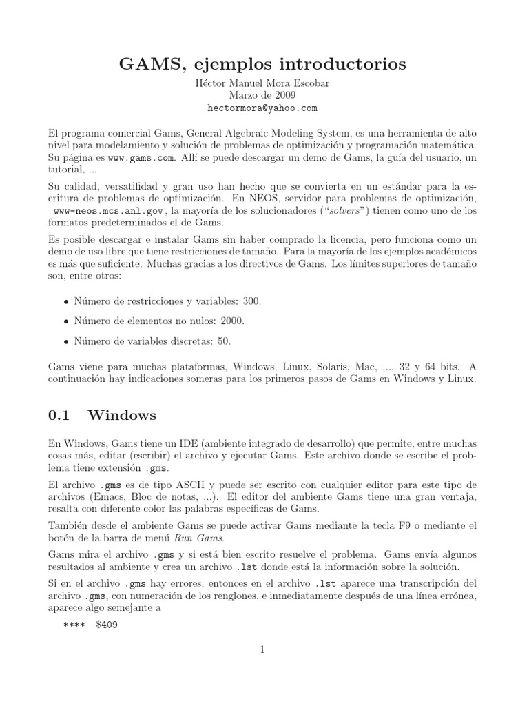 Tutorial de GAMS: Introducción y Ejemplos | PDF | Archivo de ...