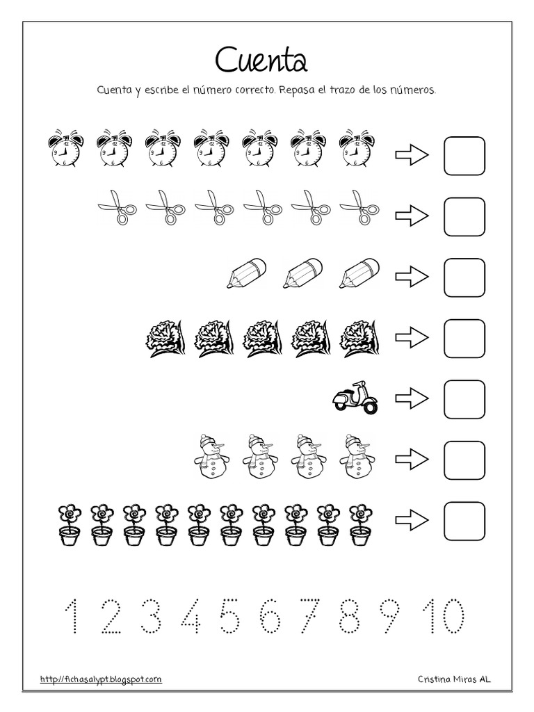 Cuenta: Cuenta y escribe el número correcto. Repasa el trazo de los números