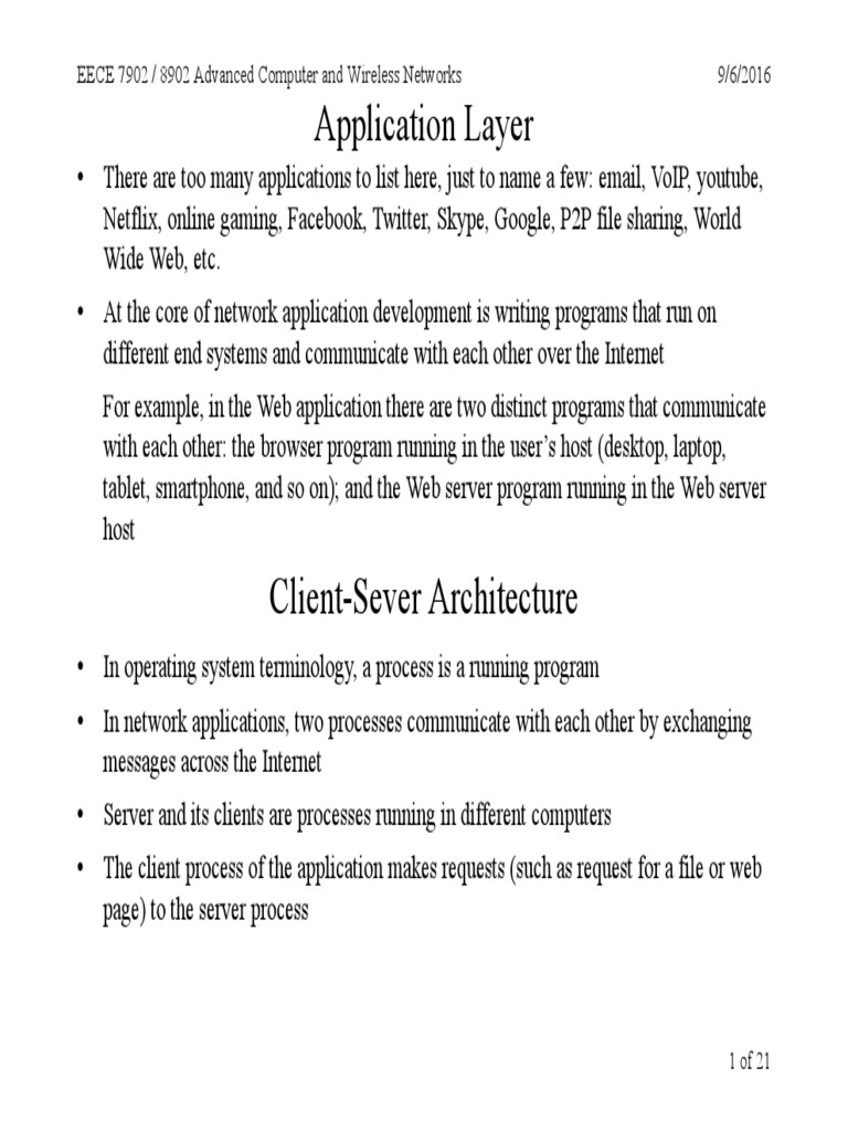 Application Layer: EECE 7902 / 8902 Advanced Computer and Wireless Networks 9/6/2016 | PDF ...