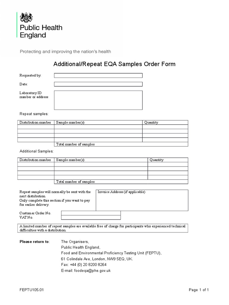 Additional/Repeat EQA Samples Order Form: Please Return To | PDF