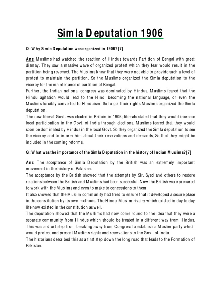 Simla Deputation 1906 | PDF