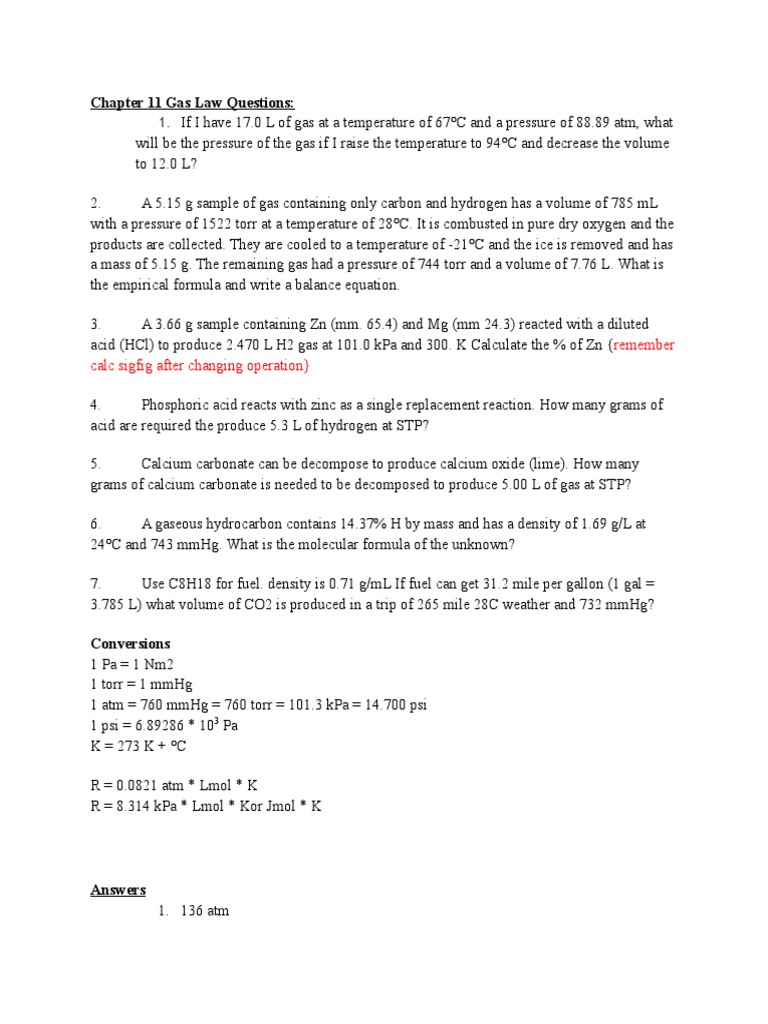 Grade 11 Gas Law Problems and Solutions | PDF