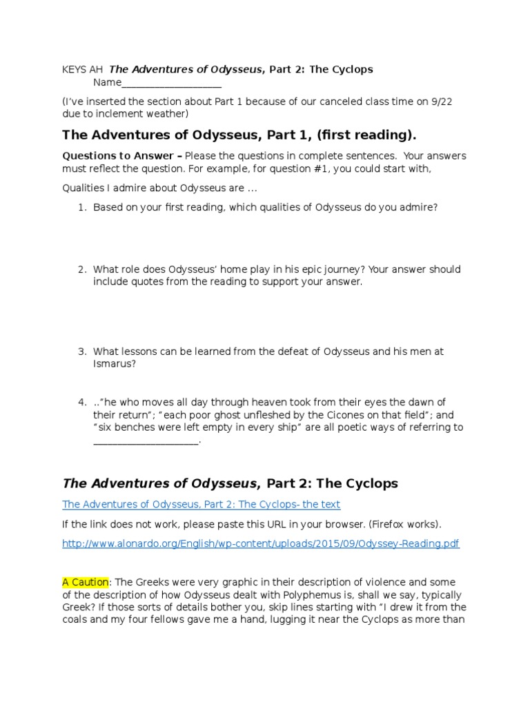 Keys Ah Adventures in Odyssey The Cyclops Assignment | PDF | Odysseus ...