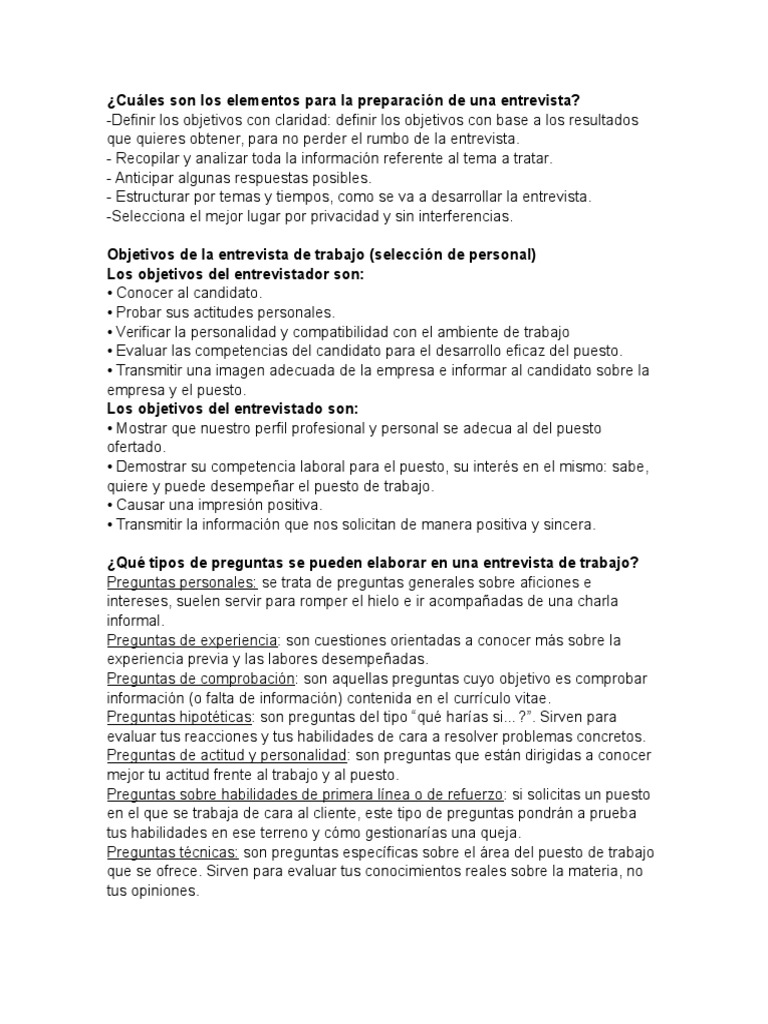 Cuáles Son Los Elementos para La Preparación de Una Entrevista | PDF ...