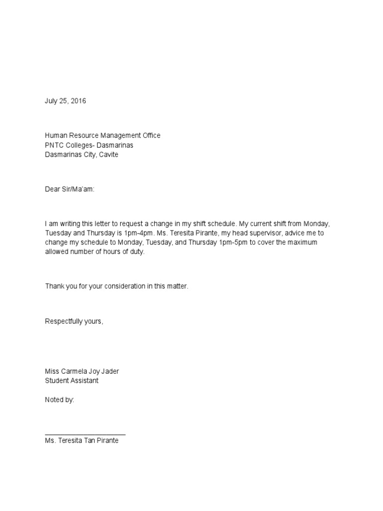 Change of Schedule Letter | PDF | Career & Growth | Self-Improvement