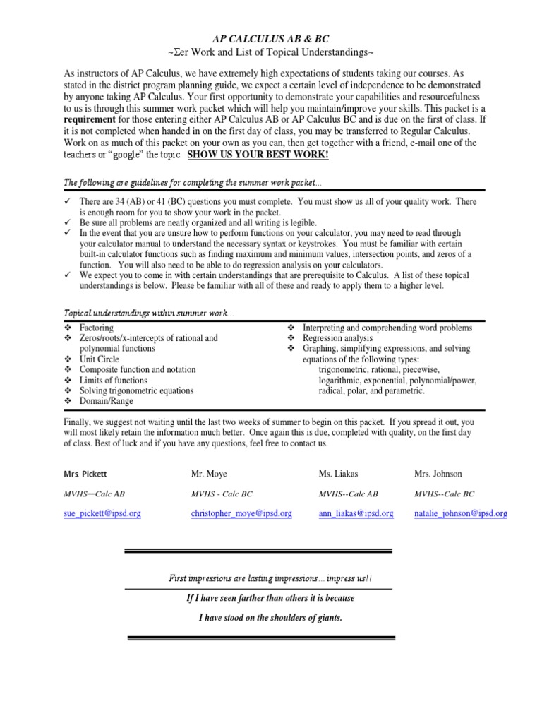 AP Calculus Summer Work Packet | PDF | Teaching Methods & Materials ...