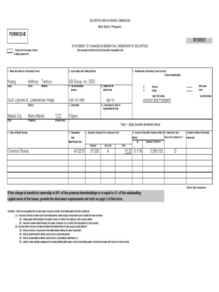 SEC Form 23-B: Ownership Changes Report | PDF | Securities (Finance ...