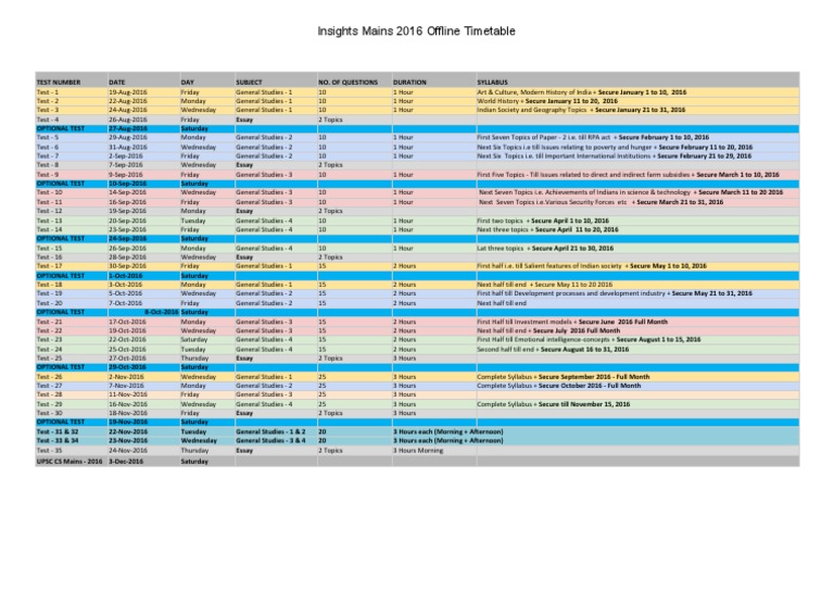 Insights Mains 2016 Offline Timetable Sheet3 7 PDF | PDF