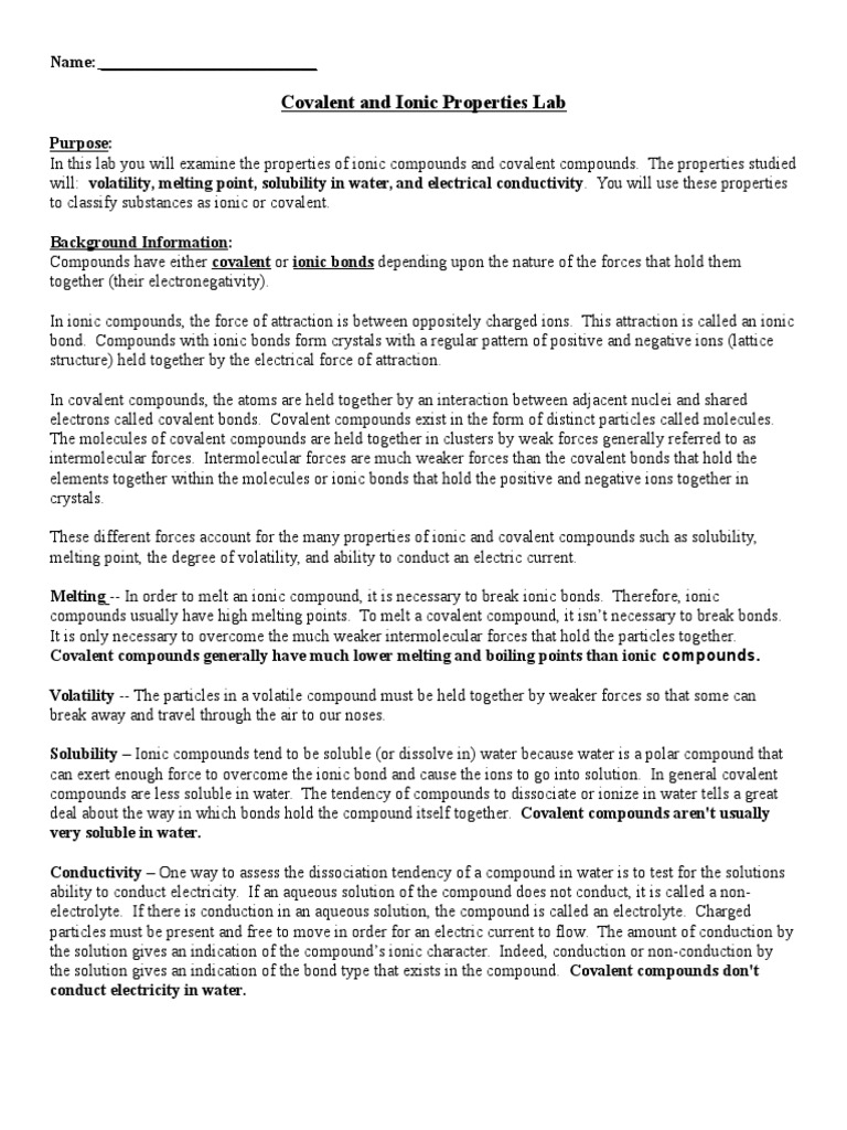 Covalent and Ionic Properties Lab | Ionic Bonding | Chemical Bond