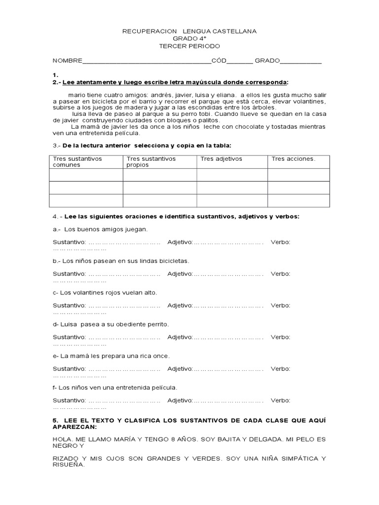 evaluacion lengua castellana sustantivo, adjetivos y verbos.docx | Adjetivo | Sustantivo ...