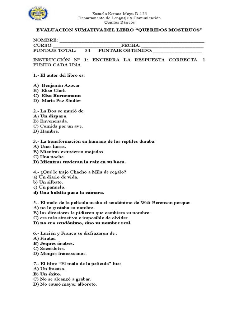 Evaluacion Libro Queridos Monstruos | PDF | Ocio