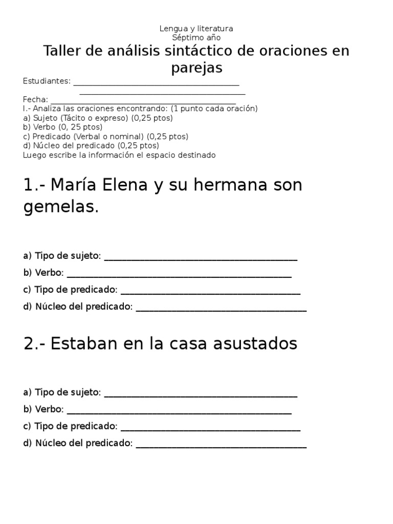 Taller de Sujeto y Predicado para Primaria | PDF | Predicado (Gramática ...