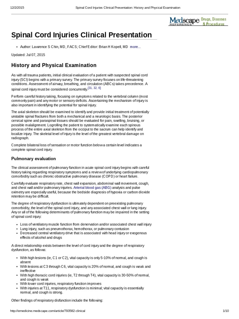 Spinal Cord Injuries Clinical Presentation - History and Physical ...