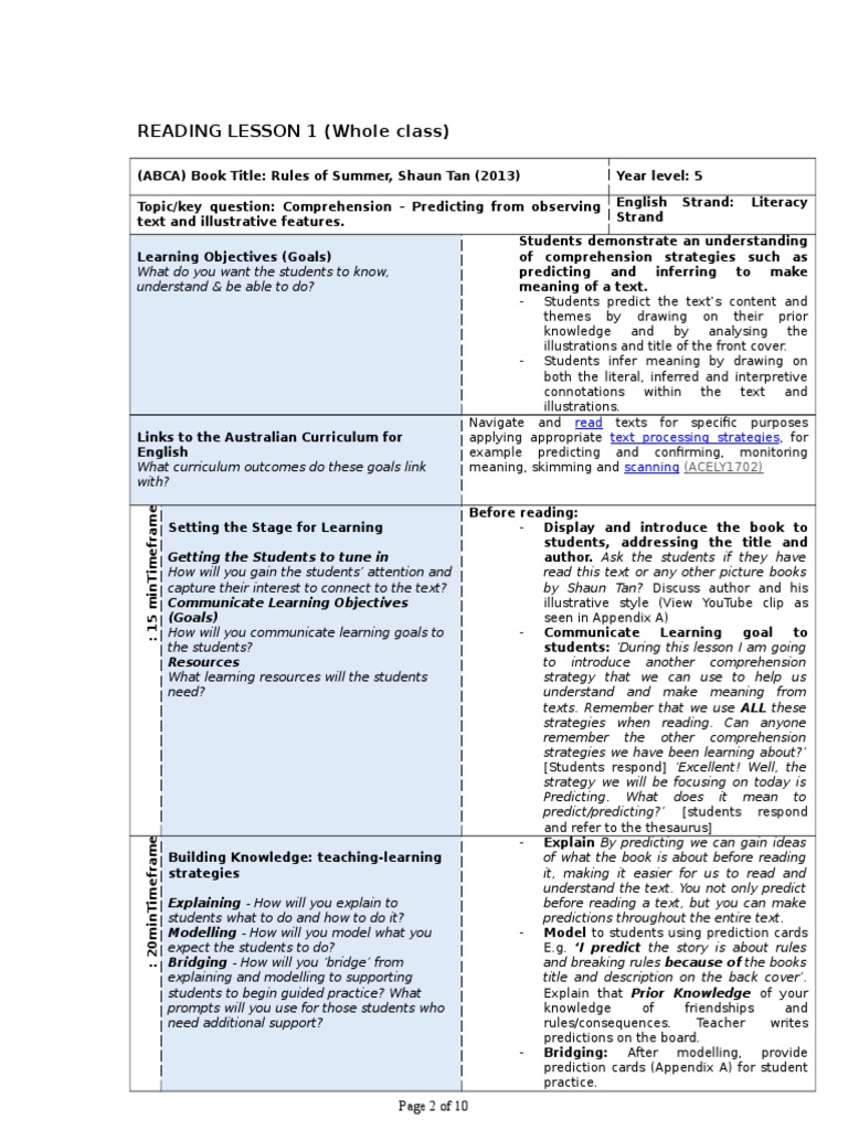 Reading Lesson - Rules For Summer | PDF | Reading Comprehension ...
