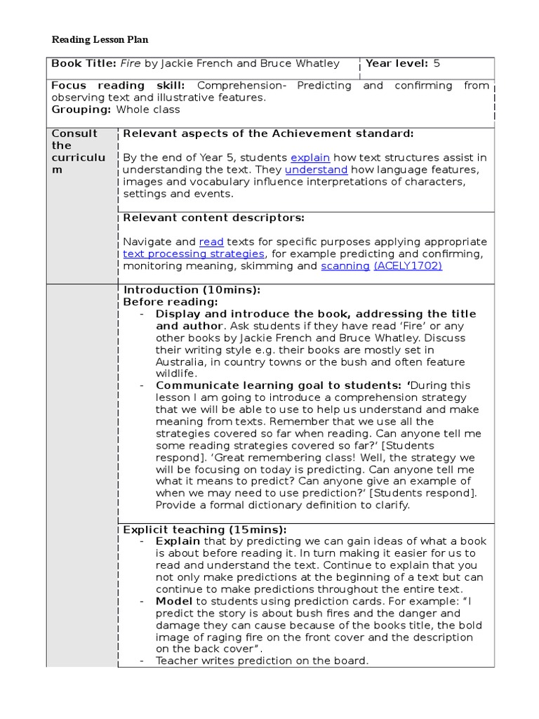 Reading Lesson Plan Focusing On Fire B Jackie French and Bruce Whatley ...