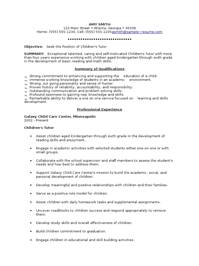Children Tutor Resume | Tutor | Child Development