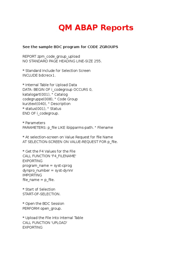 QM ABAP Reports: See The Sample BDC Program For CODE ZGROUPS | PDF