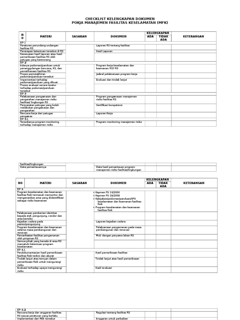 Checklist MFK untuk Rumah Sakit | PDF | Pengembangan Diri | Sains ...