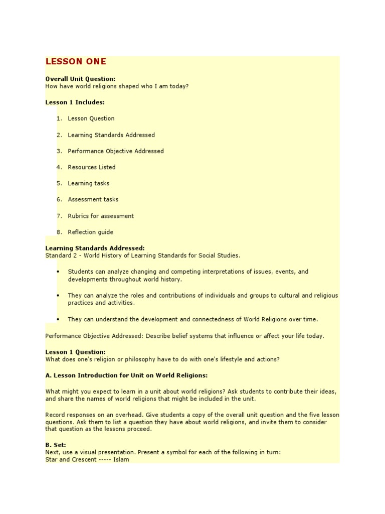 Lesson Plan for World Religion | Educational Assessment | Major ...