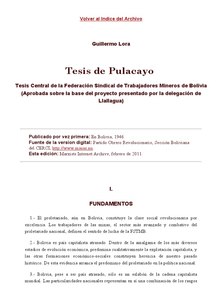 Guillermo Lora (1946) - Tesis de Pulacayo | PDF | Conflicto de clase ...