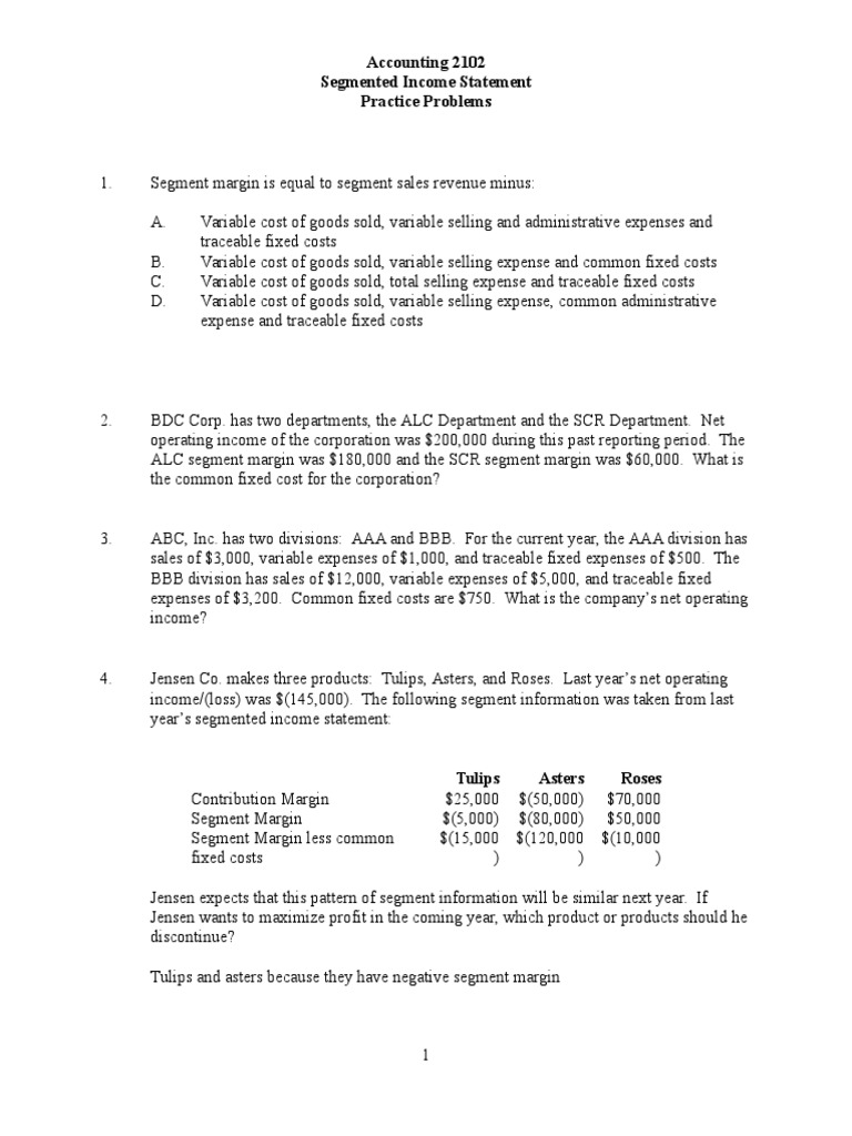 Chapter 6 Segmented Income Statement Practice Problems | PDF | Income ...