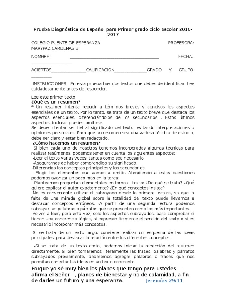 Prueba Diagnóstica de Resúmenes en Español | PDF | Lectura (proceso ...