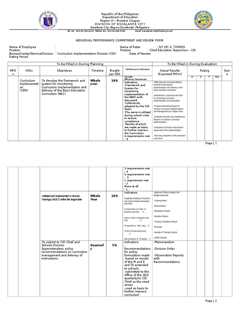IPCRF - Template 2016 | PDF | Curriculum | Learning
