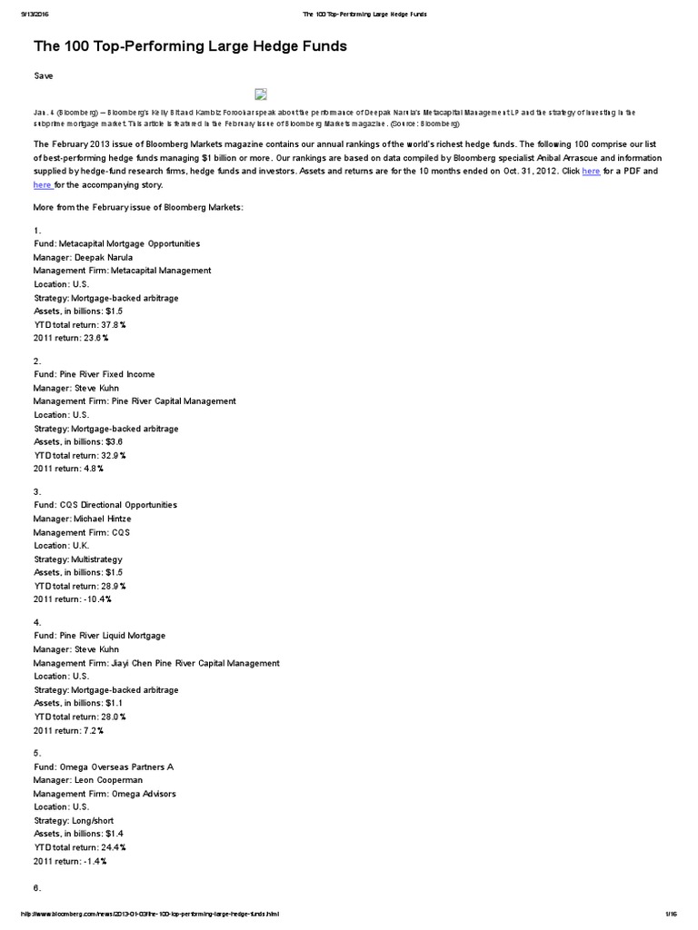 The 100 Top-Performing Large Hedge Funds - Bloomberg | PDF | Hedge Fund ...