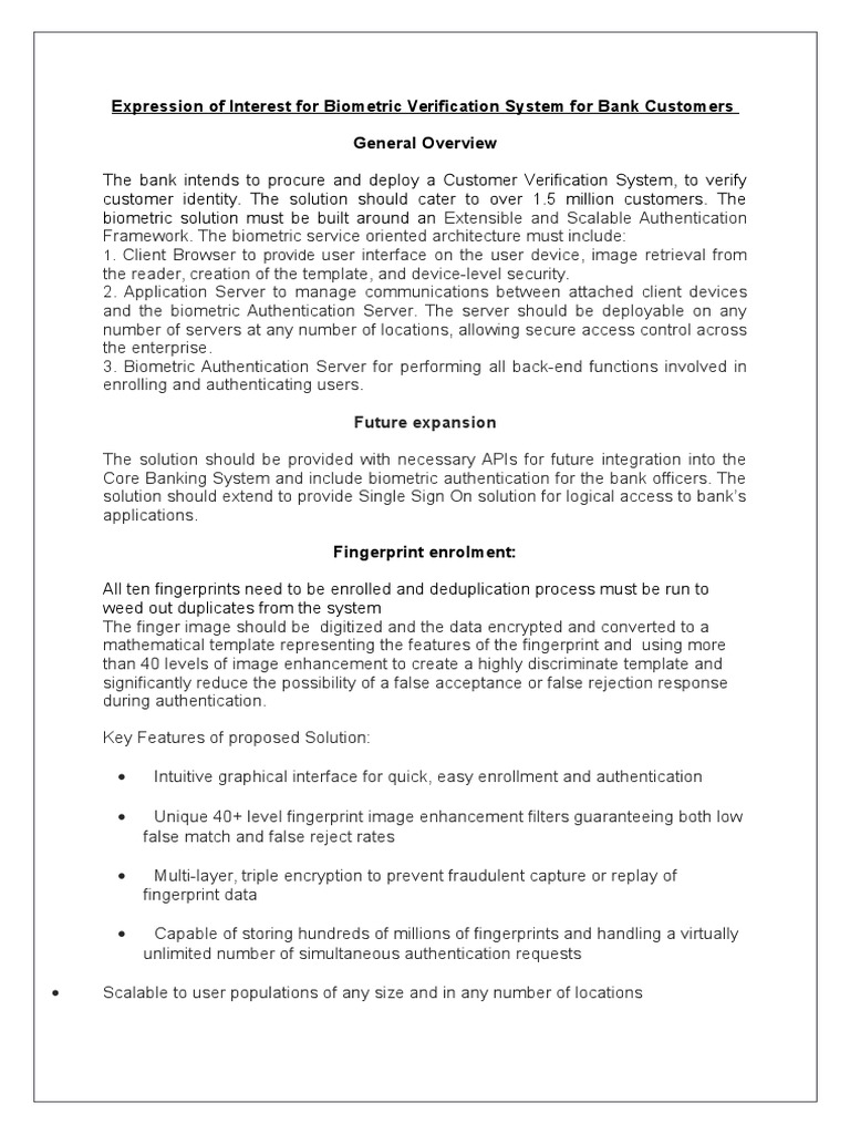 EOI for Biometric Verification System | PDF | Authentication | Biometrics