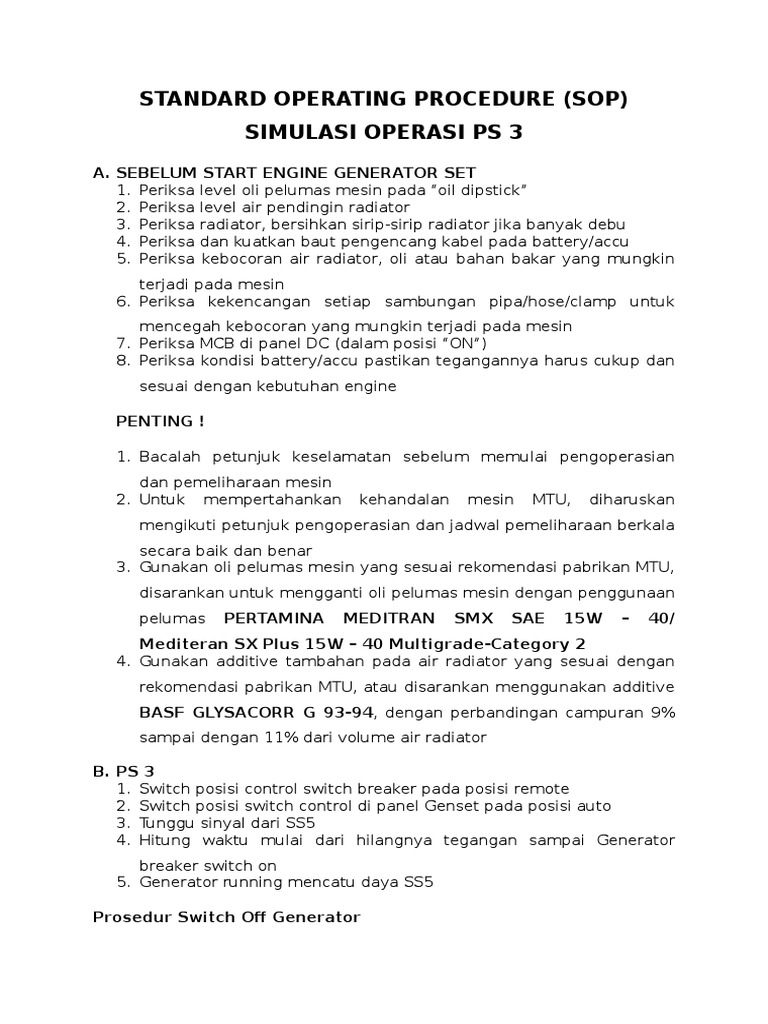 Standard Operating Procedure Genset | PDF