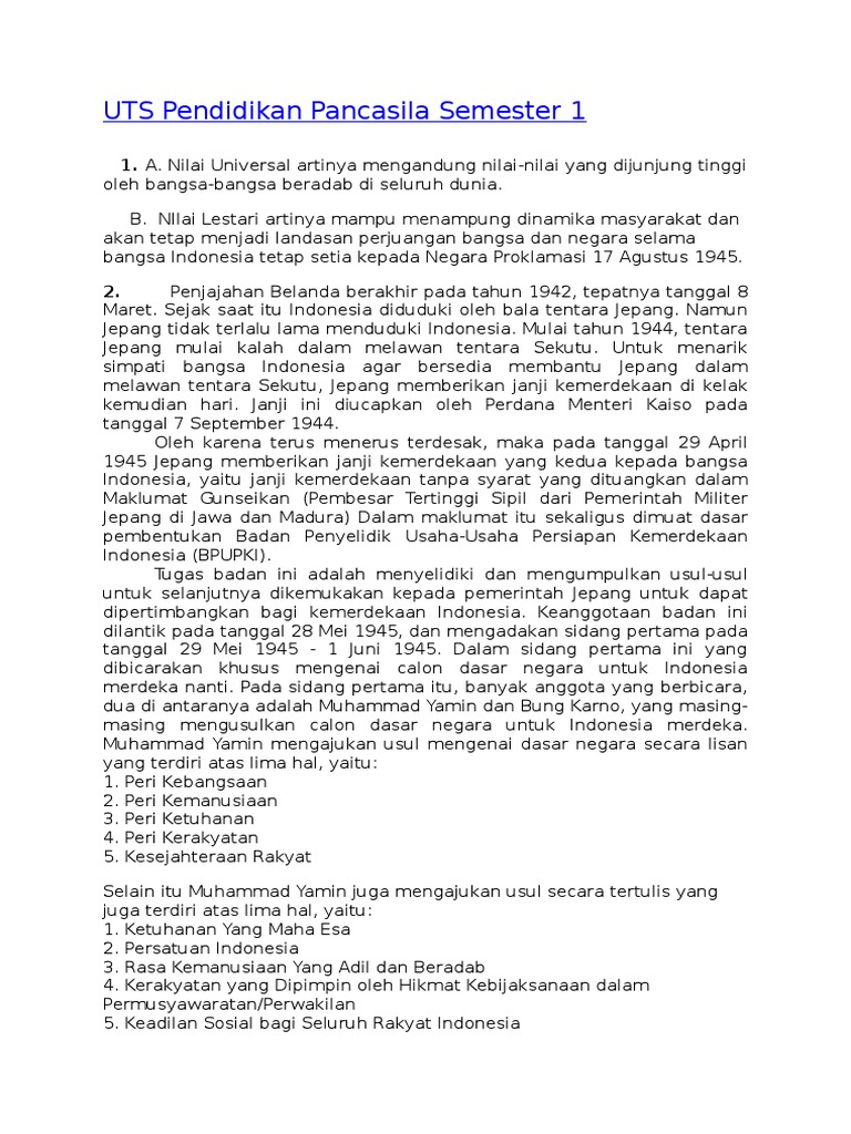 UTS Pendidikan Pancasila Semester 1 | PDF | Politik