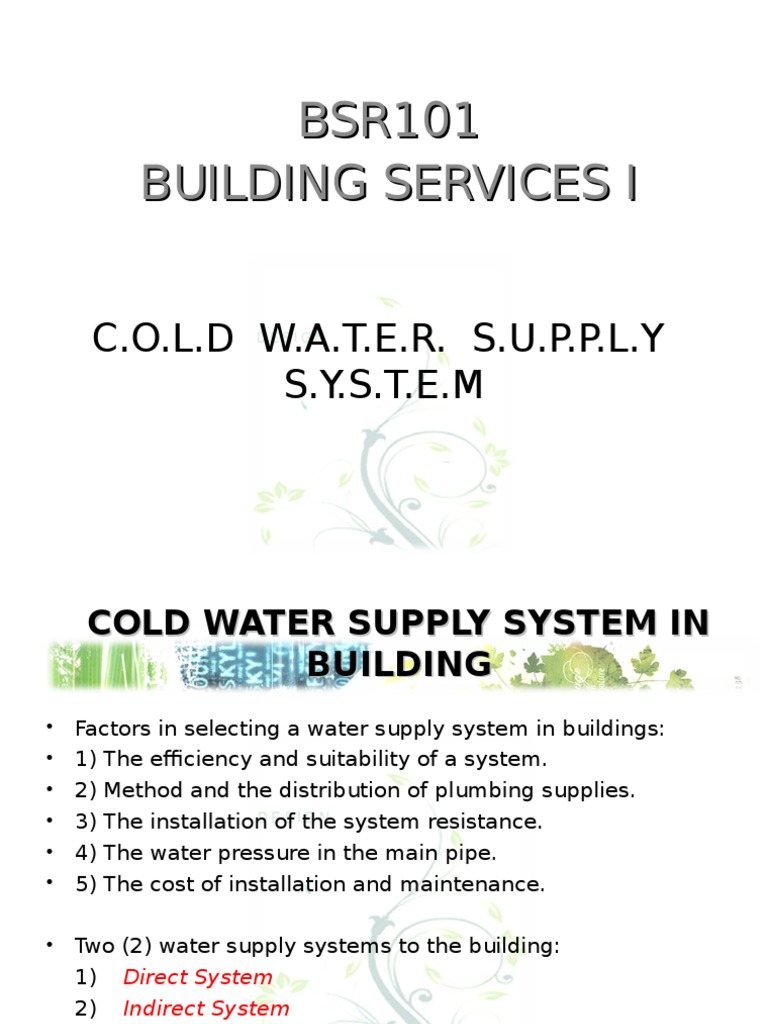 1. Cold Water Supply System | Plumbing | Water Heating