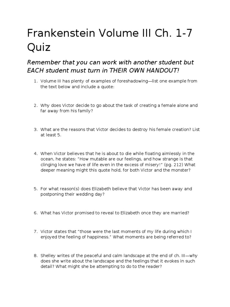 Frankenstein Volume III Quiz | PDF | Frankenstein