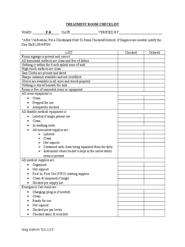 Treatment Room Checklist | PDF | Self-Improvement | Wellness