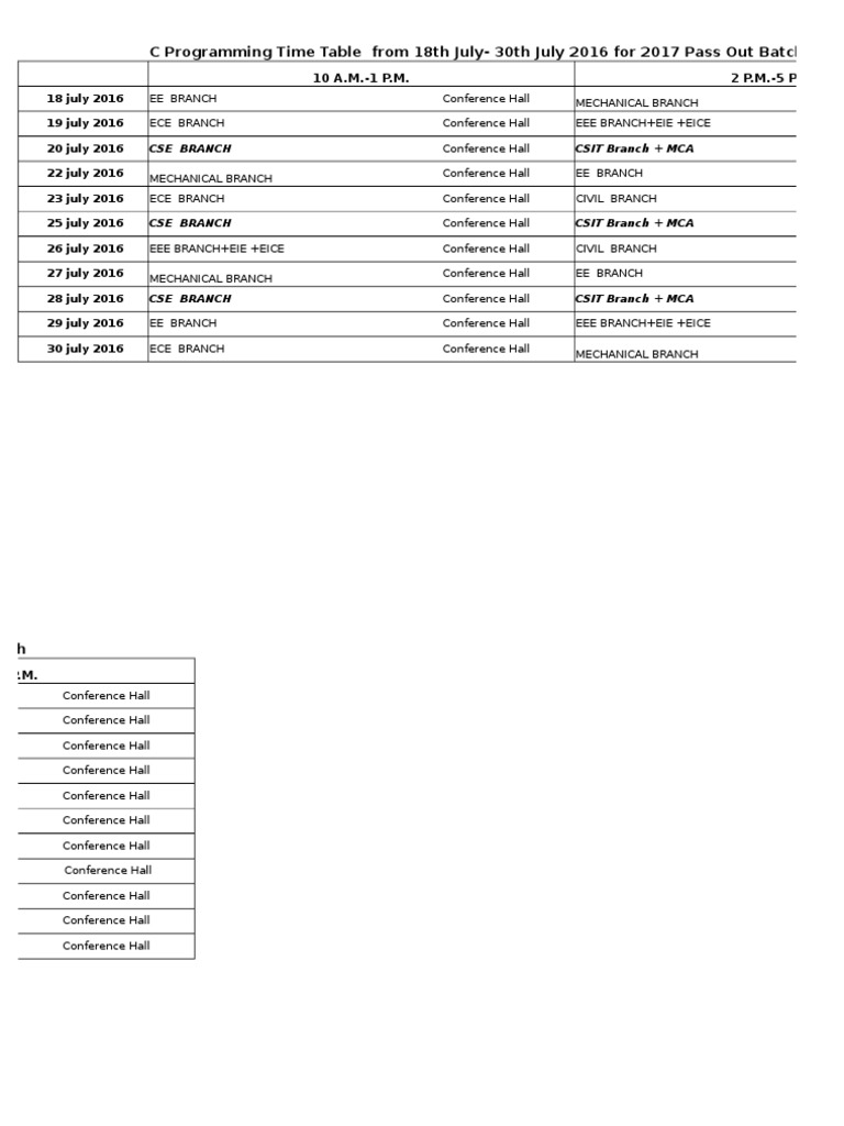 C Programming Time Table From 18th July - 30th July 2016 For 2017 Pass ...