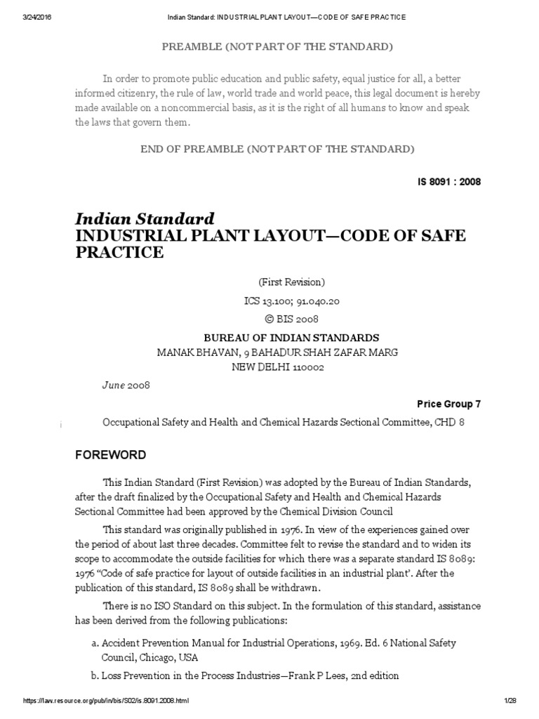 Indian Standard - INDUSTRIAL PLANT LAYOUT-CODE OF SAFE PRACTICE PDF | PDF
