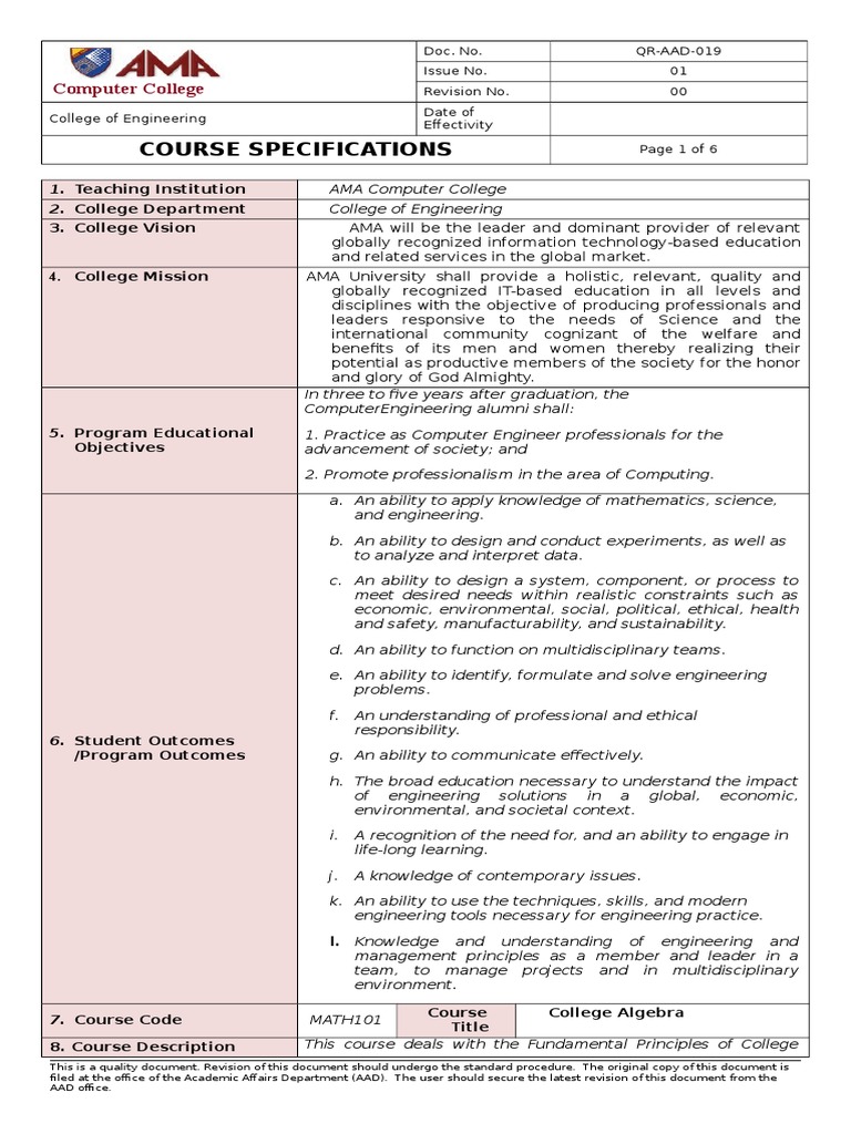 Math101 College Algebra Obe Syllabus | PDF | Quadratic Equation | Equations