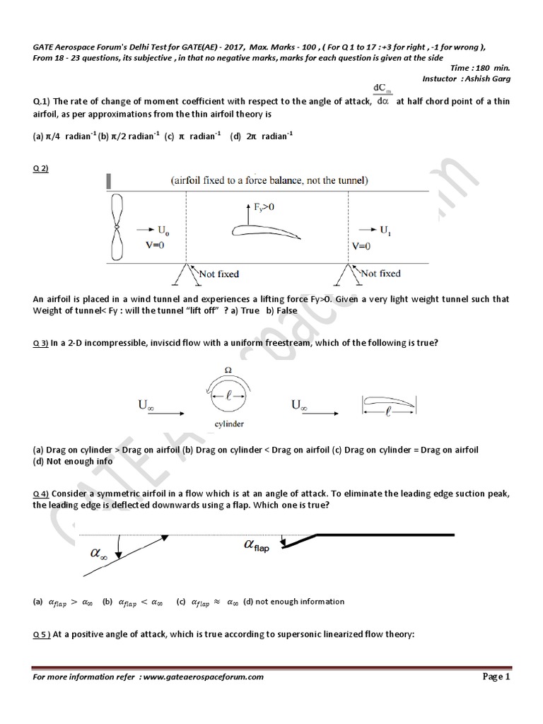 Aerodynamics Test GATE2017 | PDF | Lift (Force) | Airfoil