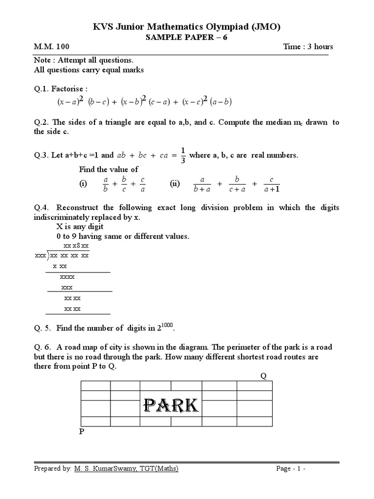 KVS JMO Sample Paper 06 With Solutions | PDF | Geometry | Elementary ...