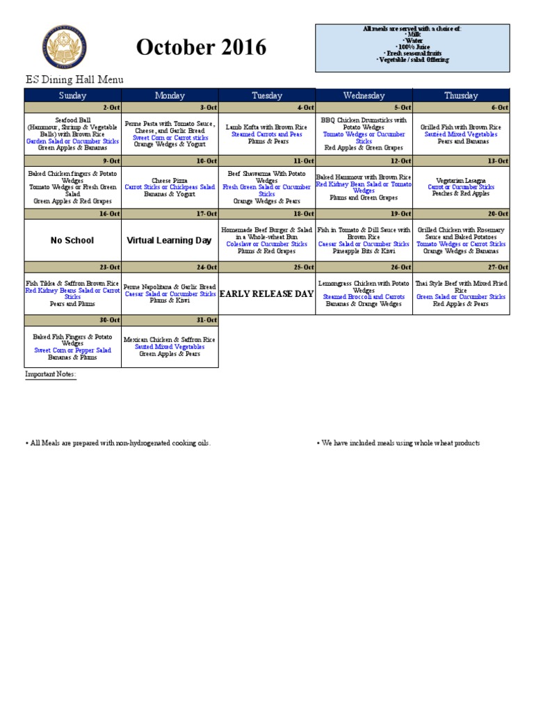 ES Dining Hall Menu - October 2016 - October | PDF