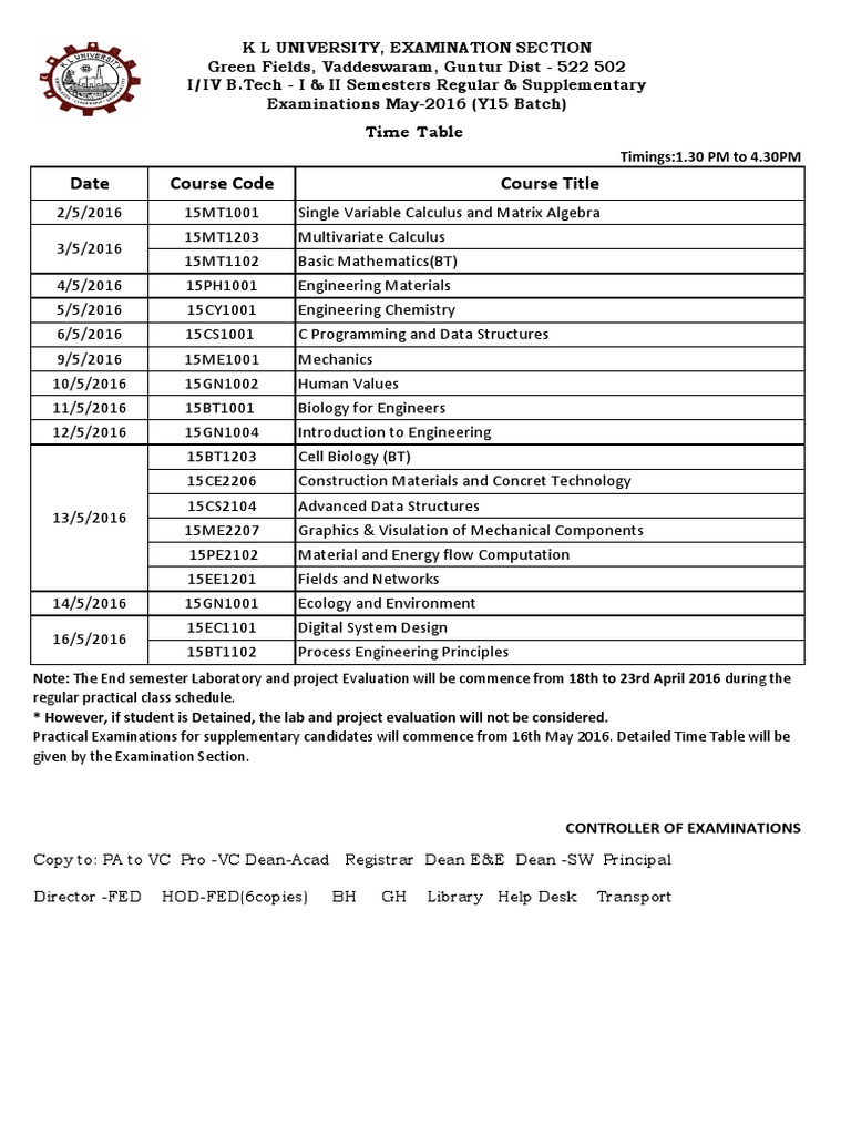 Date Course Code Course Title: Time Table | PDF