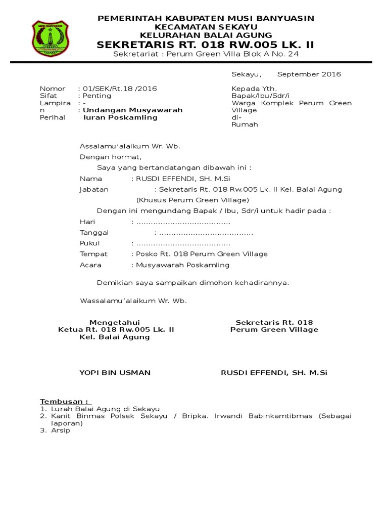 Surat Ketua RT 018 RW 005 Kel. Balai Agung Sekayu | PDF