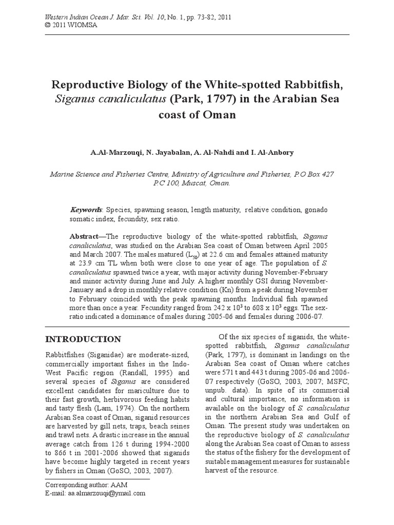 Reproductive Biology of The White-Spotted Rabbitfish, Coast of Oman ...
