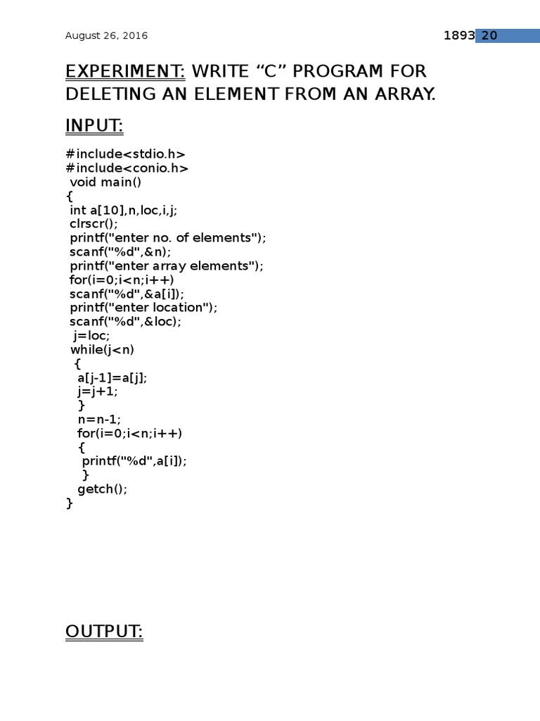 Experiment Write C Program For Deleting An Element From An Array Input Pdf Computer 2135