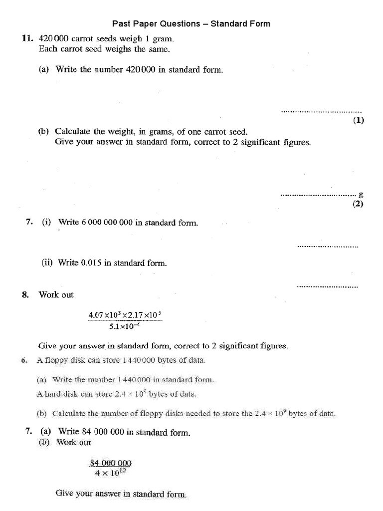 Past Paper Questions Standard Form Maths | PDF