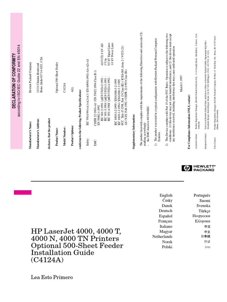 HP Laserjet 4000, 4000 T, 4000 N, 4000 TN Printers Optional 500-Sheet ...